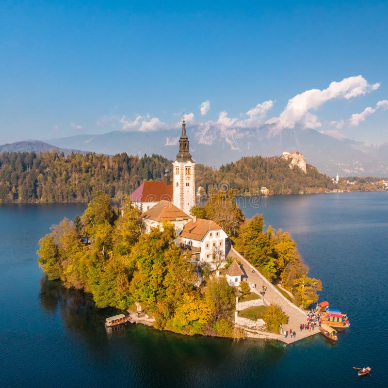 Bled Island on Lake Bled, and Bled Castle and Mountains in Background ... Bled Island on Lake Bled, and Bled Castle and Mountains in Background ...