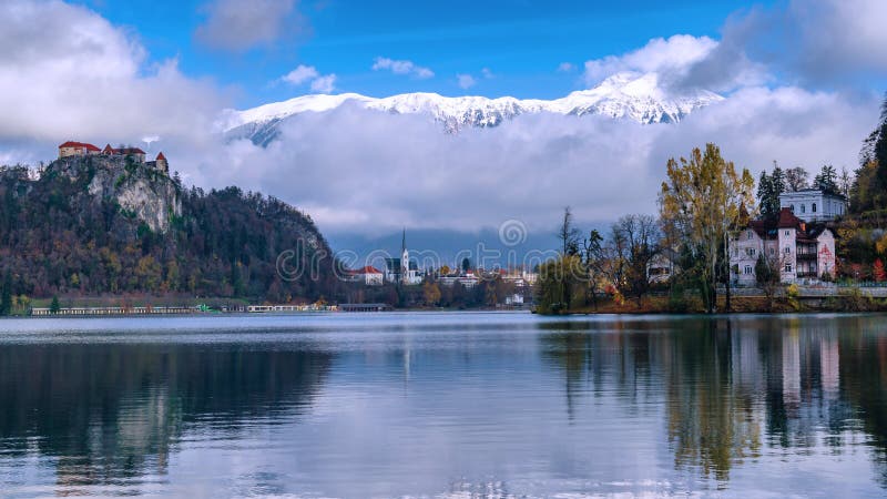 Bled Lake with Castle, Bled City and Mountains on the Background Stock ...