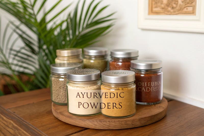 A Blend of Ayurvedic Powders in Labeled Jars Stock Illustration ...