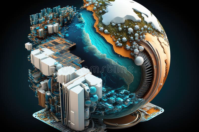 Blend between Computer Motherboard, Chip and Planet. Nature and ...