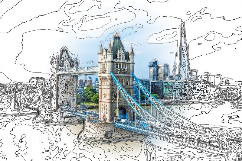 A Blend of a Photograph and a Line Drawing of Tower Bridge in London ...