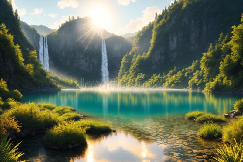 Beautiful scene waterfall stock illustration. Illustration of blue ...