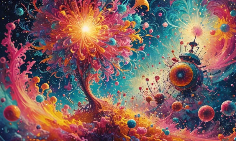 Painting Space Station Surrounded by Colorful, Swirling, and Exploding ...