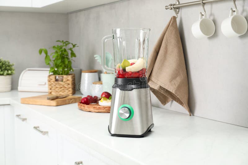 Blender and Fresh Ingredients on White Countertop in Kitchen Stock ...