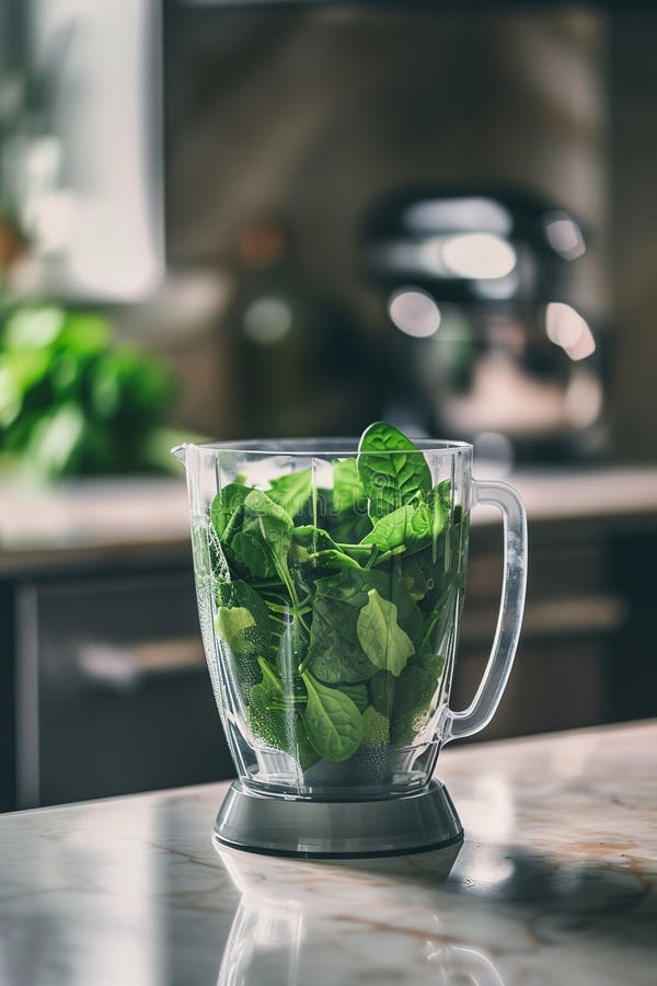 Blender Pitcher Filled with Fresh Spinach on a Kitchen Counter ...