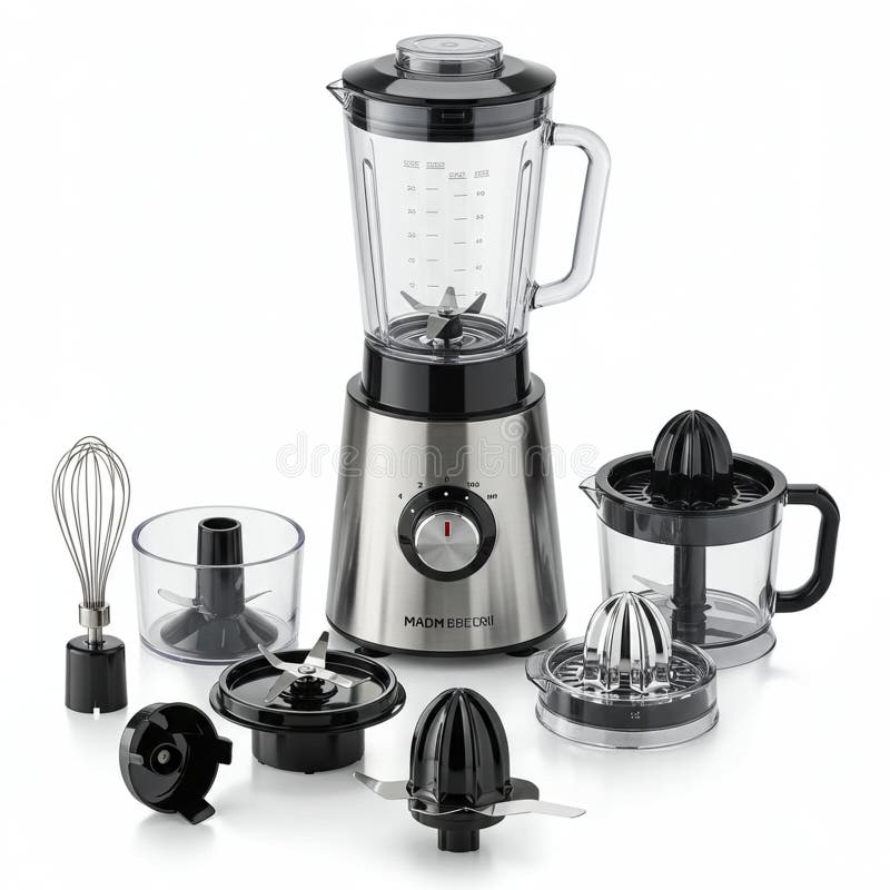 Blender Set with Multiple Attachments Displayed. Central Unit Features ...