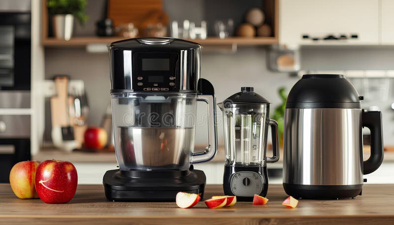 Blender, Toaster, Multi Cooker and Apple on Wooden Table in Kitchen ...