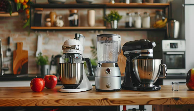 Blender, Toaster, Multi Cooker and Apple on Wooden Table in Kitchen ...
