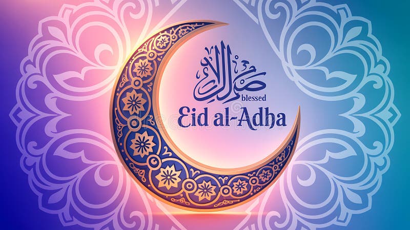 Blessed Eid Al-Adha Celebration Design with Ornate Crescent Moon ...