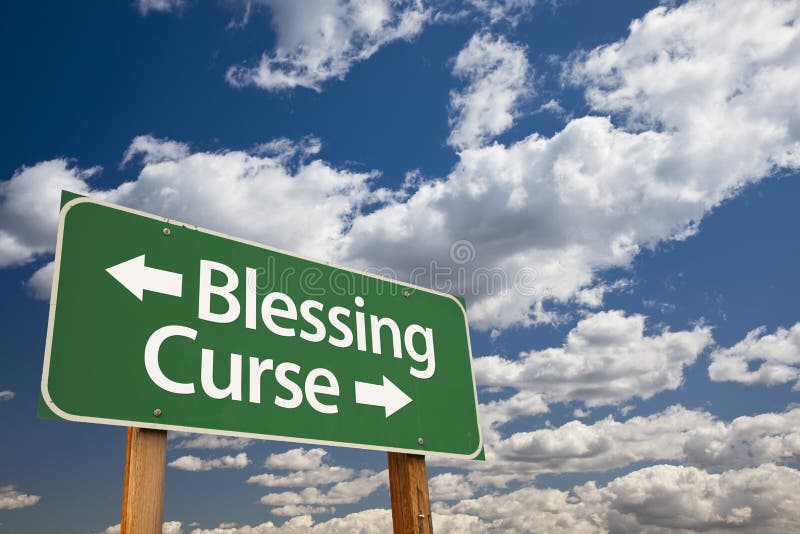 Blessing, Curse Green Road Sign and Clouds Stock Photo - Image of jesus ...