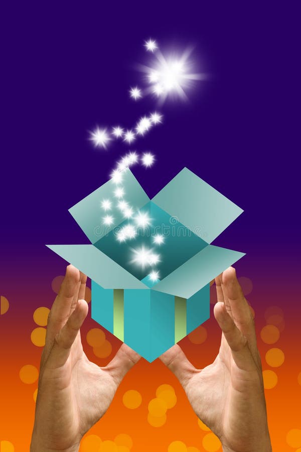 Blessing Star Flying Out from Gift Box in the Hand Stock Illustration ...