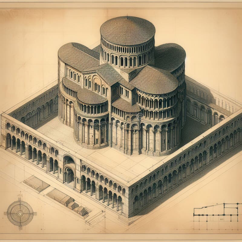 Blind Arcades and Heavy Masonry in Basilica Plan Stock Illustration ...
