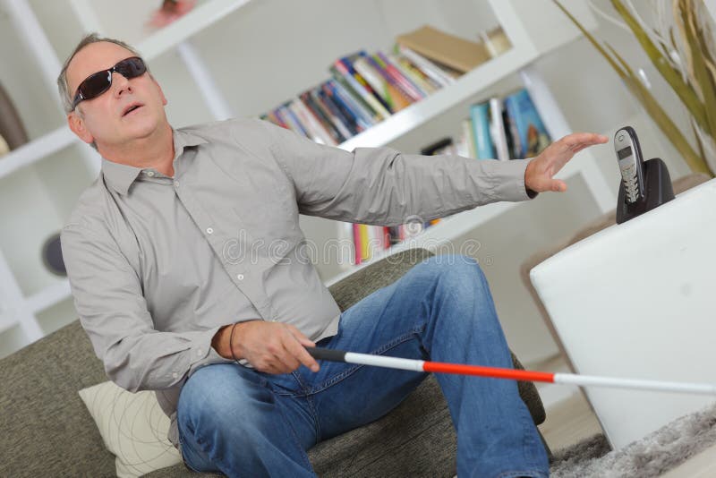 Blind and Deaf Man Using Stick at Home Stock Image - Image of person ...