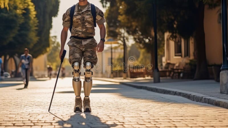 Blind Disabled Soldier with Prosthesis Walking with Walk Stick in the ...