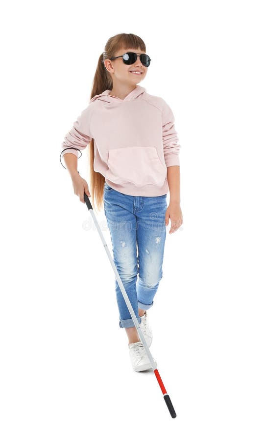 Blind Girl with Long Cane Walking on White Stock Photo - Image of ...
