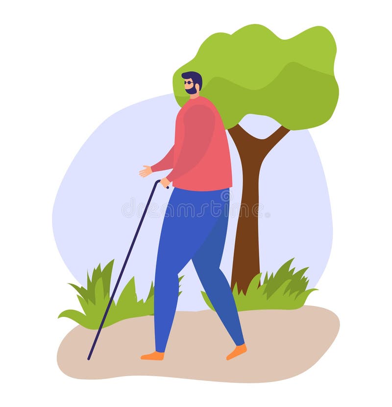 Blind Man with Cane Walking in Park. Visually Impaired Male Navigating ...