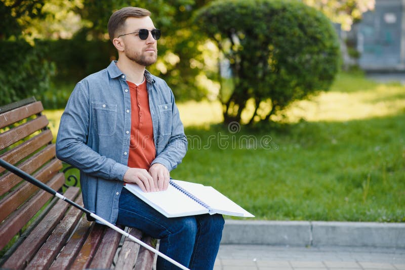 Blind Man Reading Book on Bench in Park Stock Photo - Image of health ...