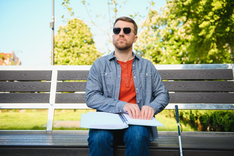 Blind Man Reading Book on Bench in Park Stock Image - Image of park ...