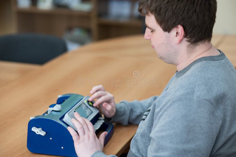Blind Man Using Braille Typewriter. Stock Image - Image of page ...