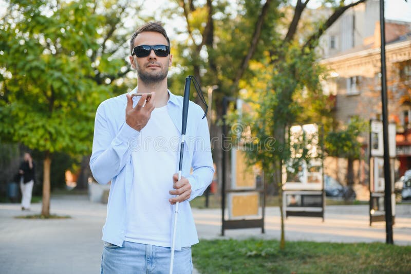 Blind Man. Visually Impaired Man with Walking Stick, Stock Photo ...