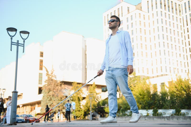 Blind Man. Visually Impaired Man with Walking Stick, Stock Photo ...