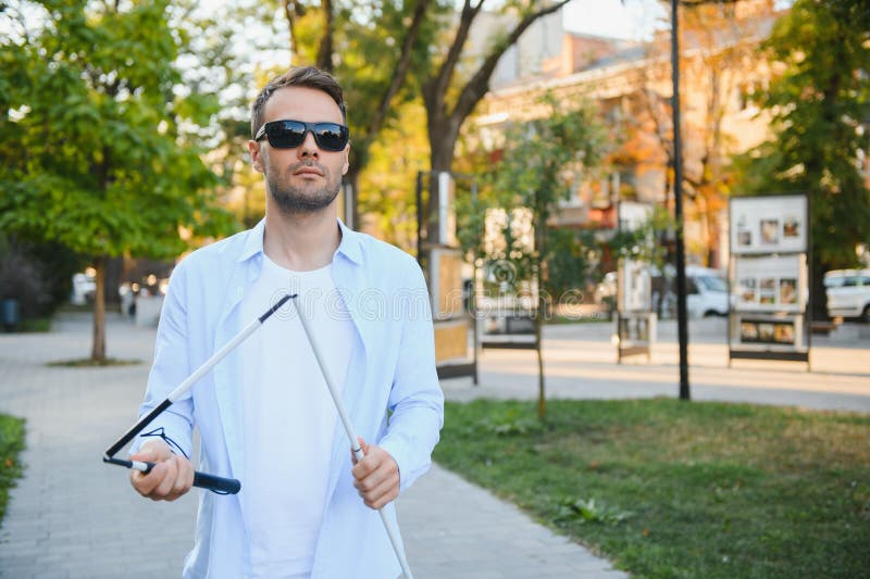 Blind Man Walking on Sidewalk Holding Stick. Stock Image - Image of ...