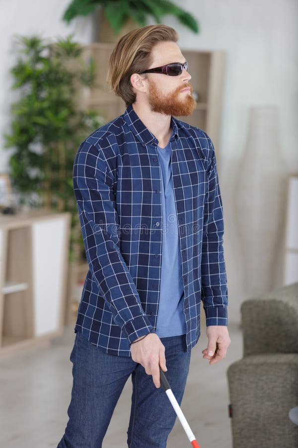 Blind Man with White Stick and Dark Glasses at Home Stock Photo - Image ...