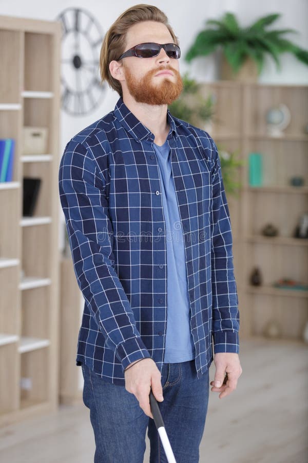 Blind Man with White Stick and Dark Glasses at Home Stock Image - Image ...