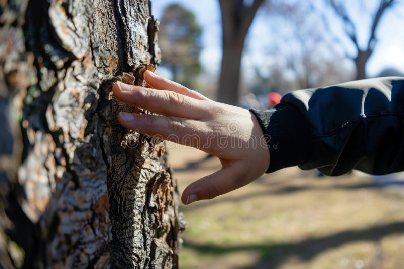 Blind Person Touching Tree Bark in a Park Setting Stock Illustration ...