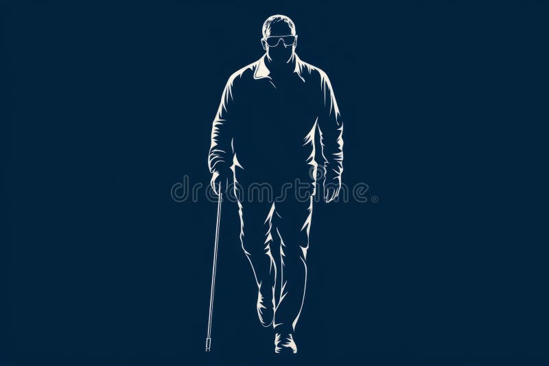 Blind Person Using a White Cane Walking Alone on a Dark Blue Background ...