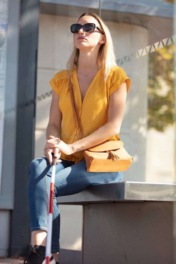 Blind Woman Sitting on Bench Stock Photo - Image of disability ...