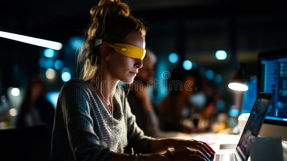 Blind Woman Using a Screen Reader in a Modern Office, Confidently ...