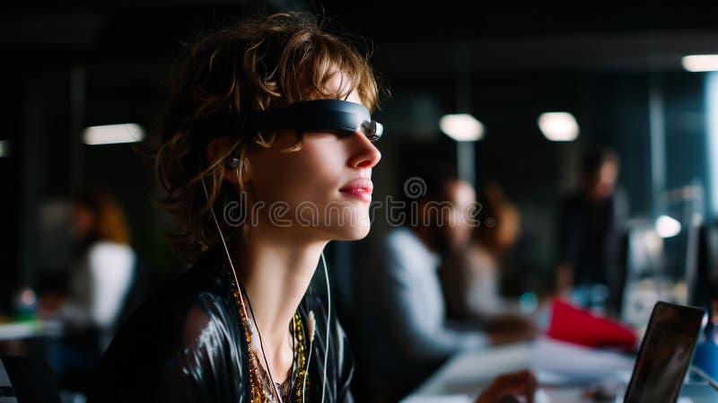 Blind Woman Using a Screen Reader in a Modern Office, Confidently ...
