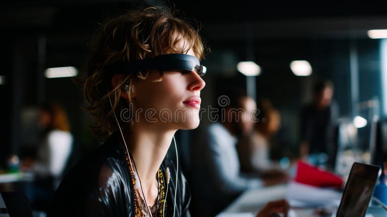 Blind Woman Using a Screen Reader in a Modern Office, Confidently ...