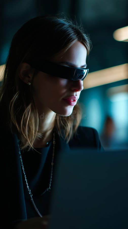 Blind Woman Using a Screen Reader in a Modern Office, Confidently ...