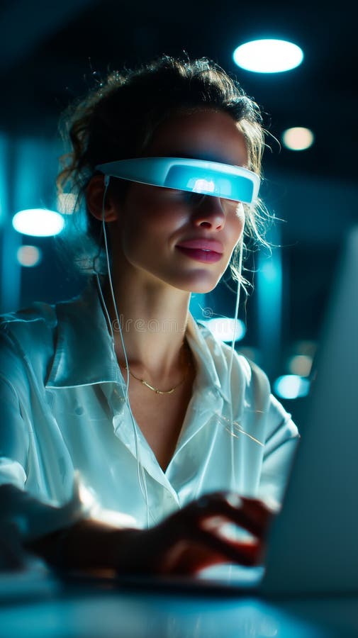 Blind Woman Using a Screen Reader in a Modern Office, Confidently ...