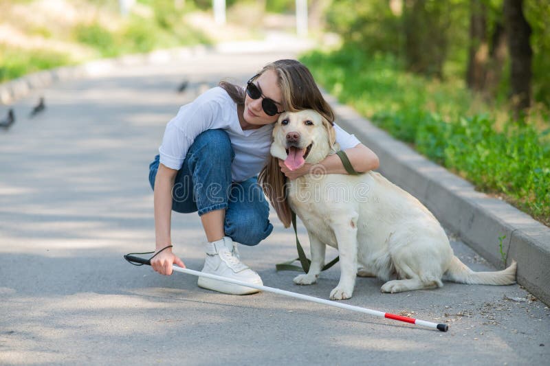 Blind Young Woman Cuddling with Guide Dog on a Walk Outdoors. Stock Image - Image of eyesight ...
