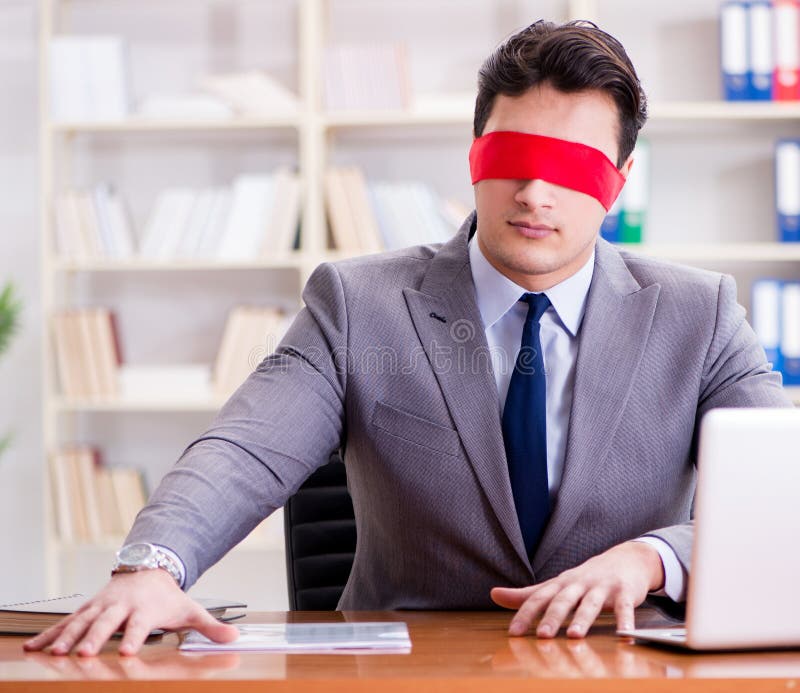 Blindfold Businessman Sitting at Desk in Office Stock Photo - Image of ...