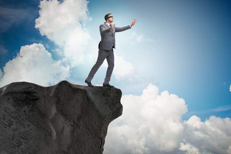 The Blindfold Businessman Standing on Tip of Cliff Stock Image - Image ...