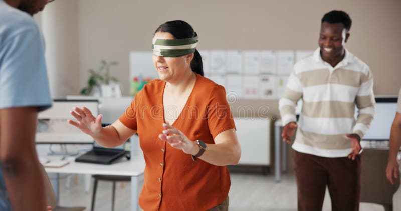 Blindfold, Team Building and Trust with Business People in Office for ...