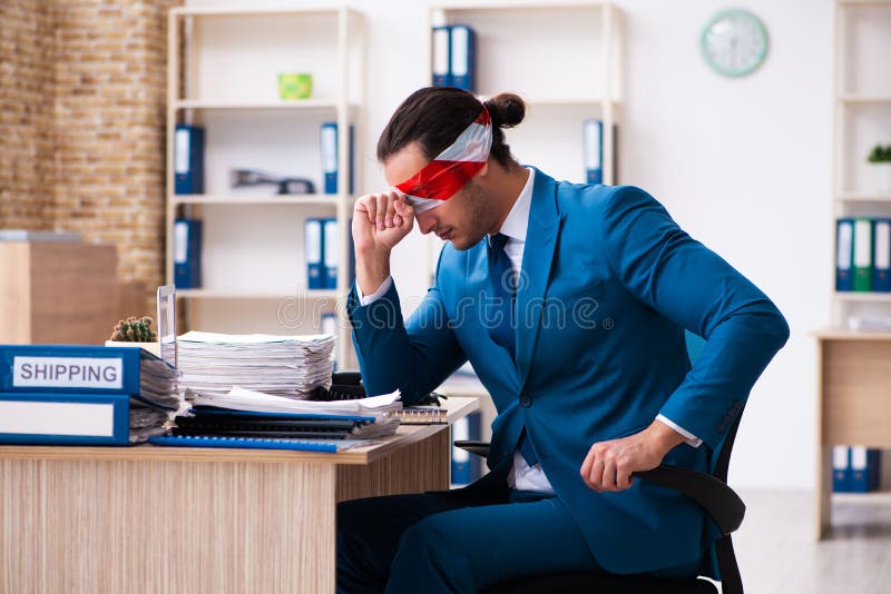 Blindfolded Male Employee Working in the Office Stock Photo - Image of ...