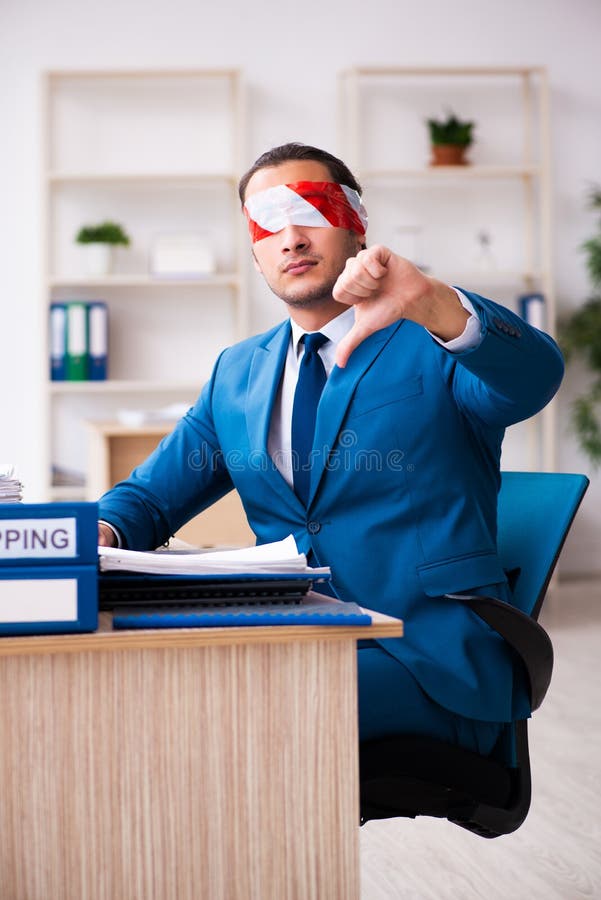 Blindfolded Male Employee Working in the Office Stock Photo - Image of ...
