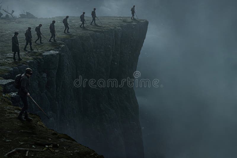 Blindfolded People Walk To the Edge of the Cliff. Space for Text. Stock ...
