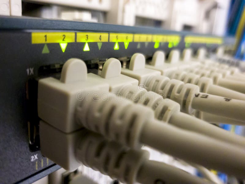 Blinking Network Ethernet Active Switch with Connected Cables in Server ...