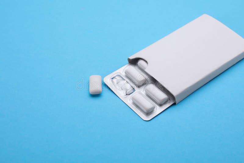 Blister with Chewing Gums on Light Blue Background. Space for Text ...