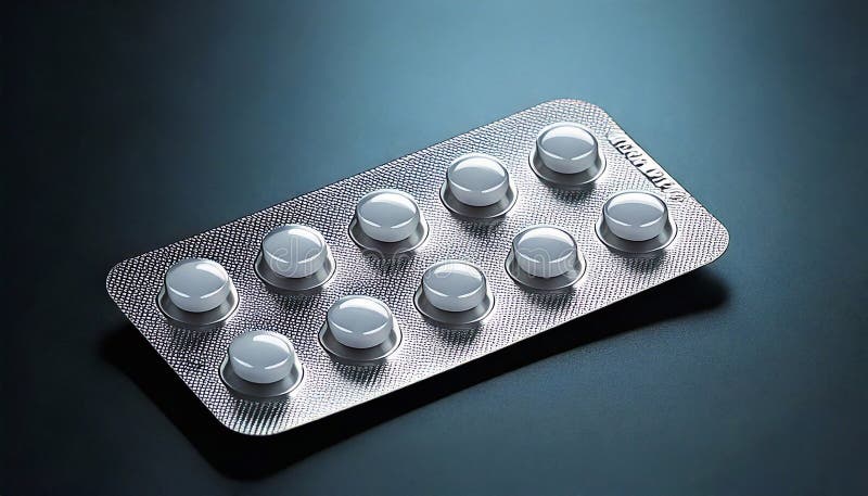 Blister Pack Containing Ten White Tablets on a Dark Surface in Well-lit ...