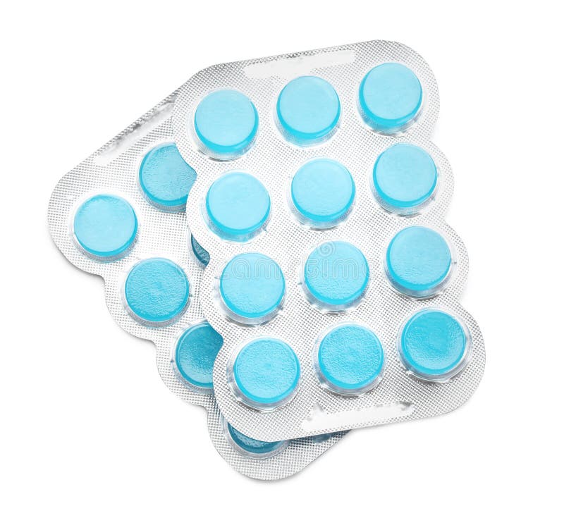 Blisters with Blue Cough Drops on White Background, Top View Stock ...