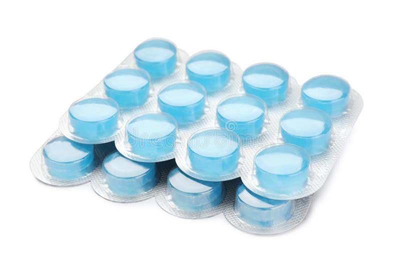 Blisters with Blue Cough Drops on White Background Stock Photo - Image ...