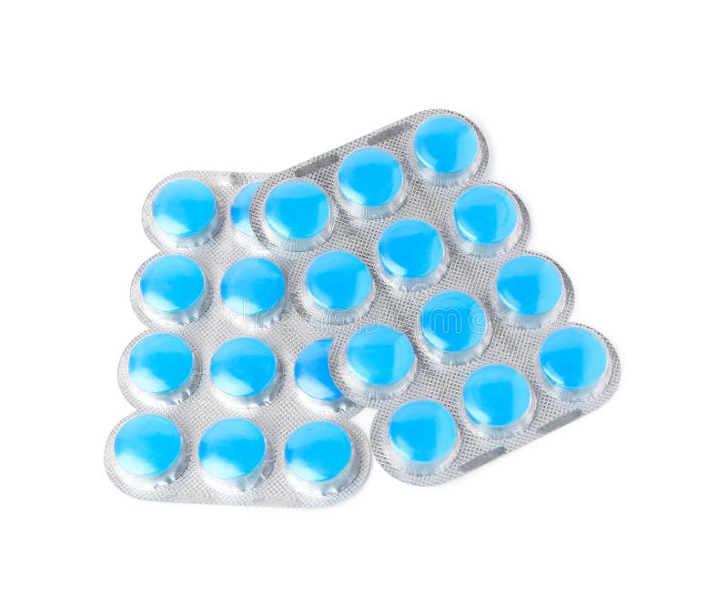 Blisters with Light Blue Cough Drops Isolated on White, Above View ...