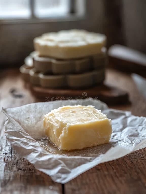 Block of Butter on Wax Paper in a Rustic Kitchen Setting. Stock Photo ...
